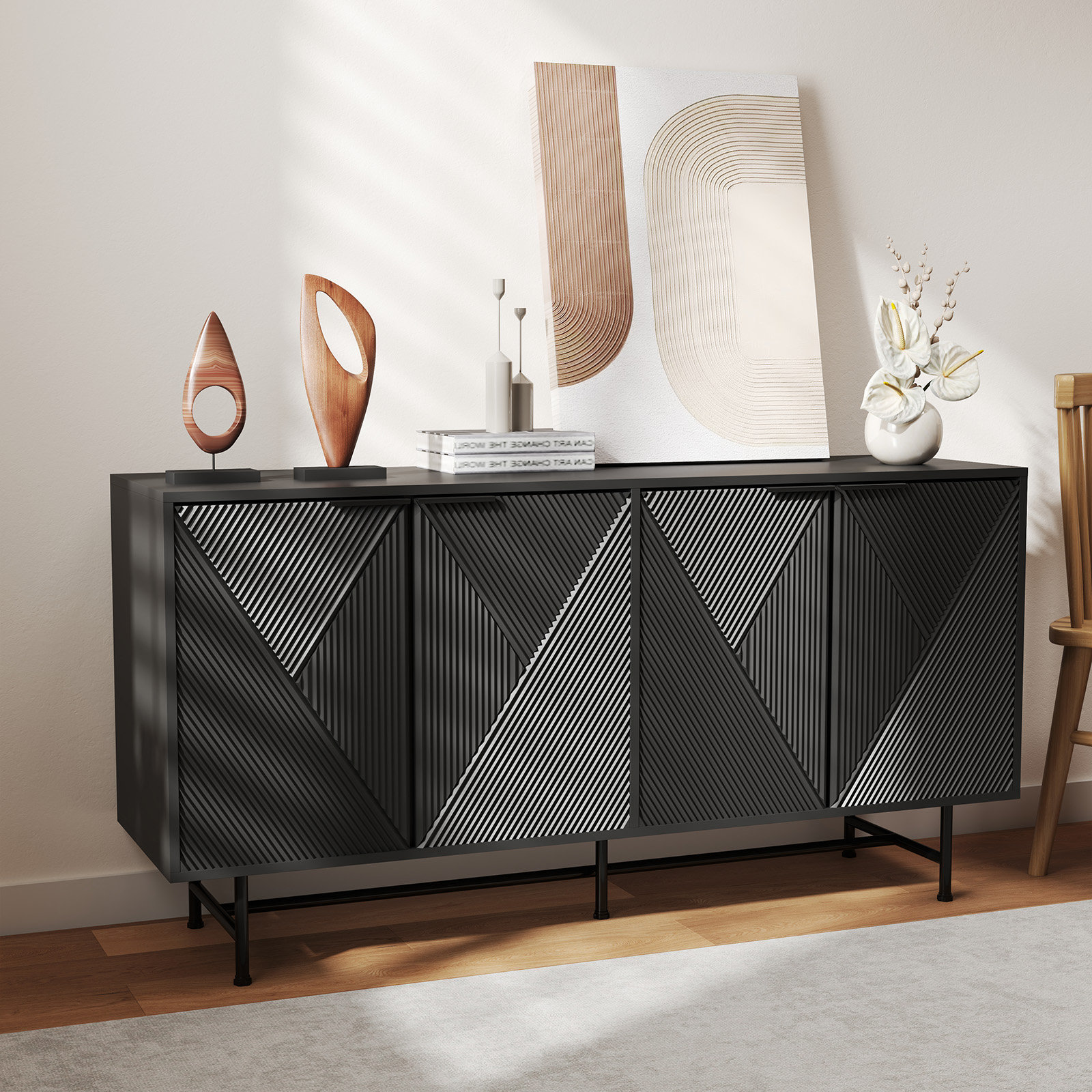 Ebern Designs 57" Carved Design 4-Door Sideboard Buffet With Storage, Modern Accent Kitchen ...